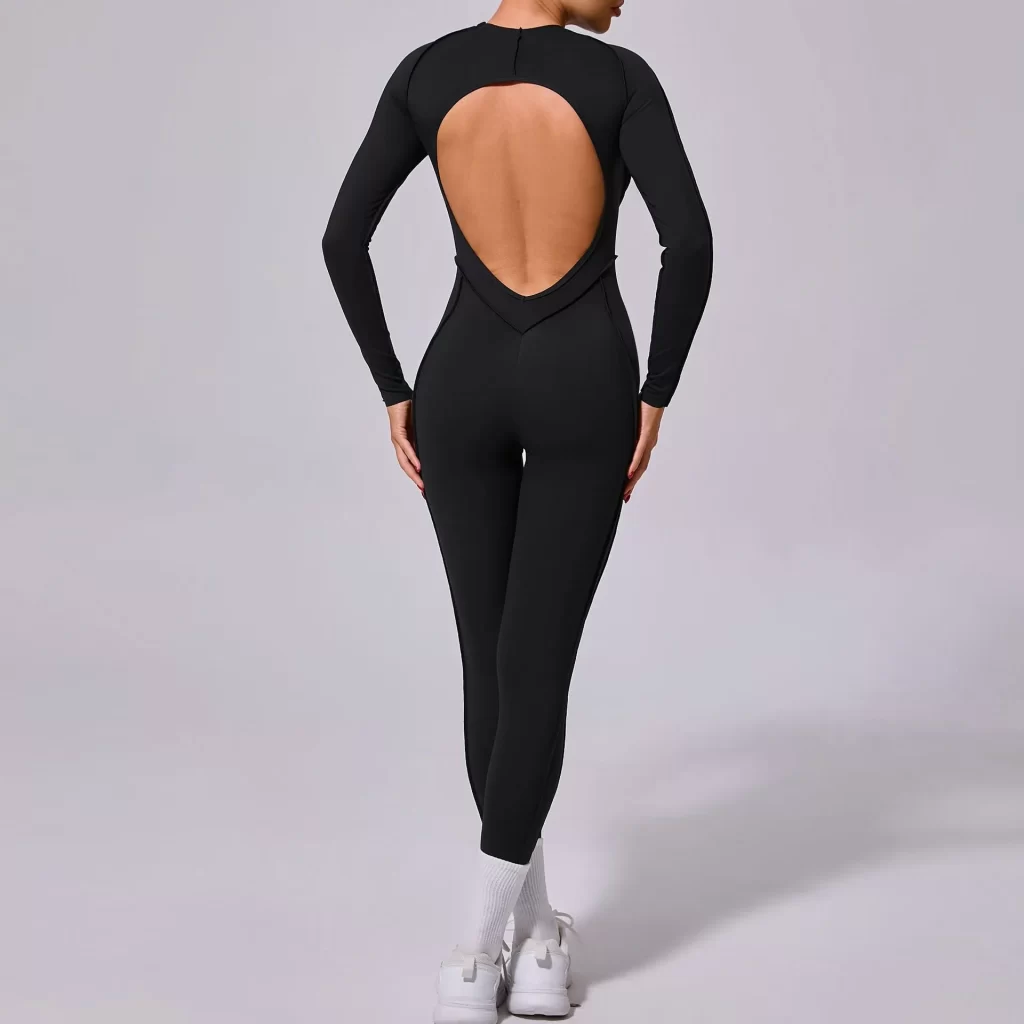 One Piece Workout Suit Open Back Long Sleeve Jumpsuit