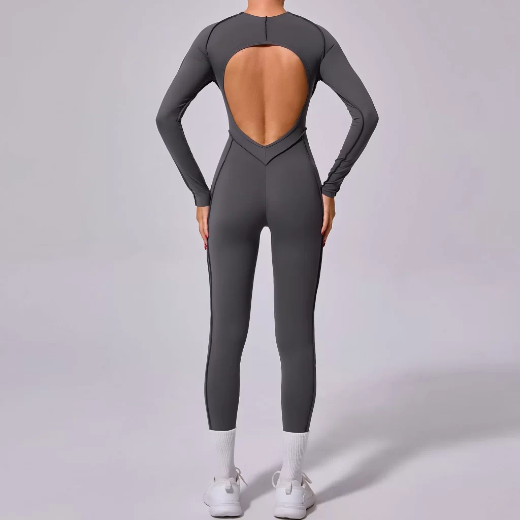 One Piece Workout Suit Open Back Long Sleeve Jumpsuit