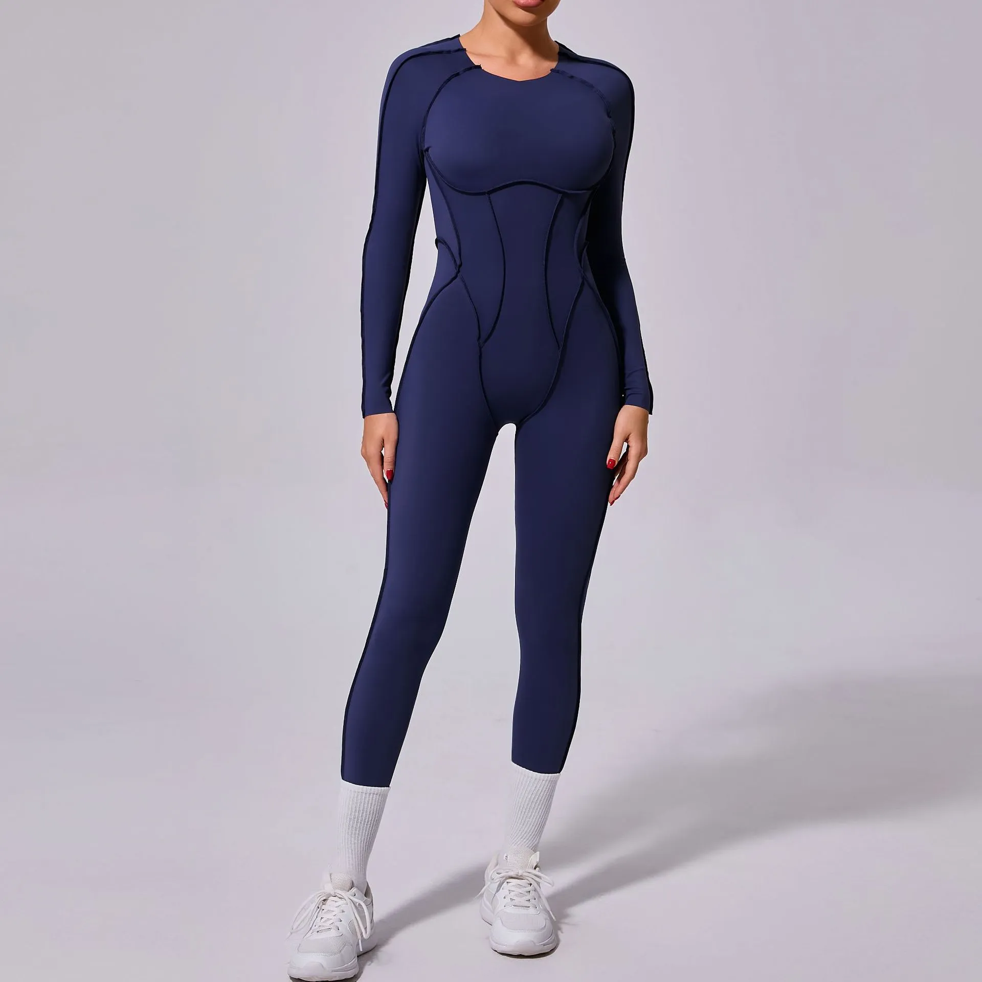 One Piece Workout Suit Open Back Long Sleeve Jumpsuit