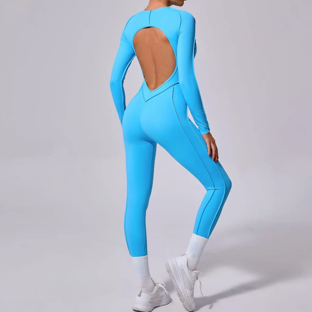 One Piece Workout Suit Open Back Long Sleeve Jumpsuit